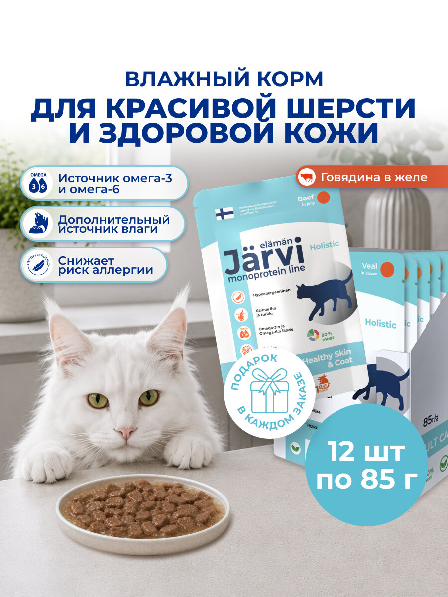 Влажный корм Jarvi монопротеиновый для кошек для красивой шерсти и здоровой кожи с говядиной (кусочки в желе), 85 г х 12 шт.