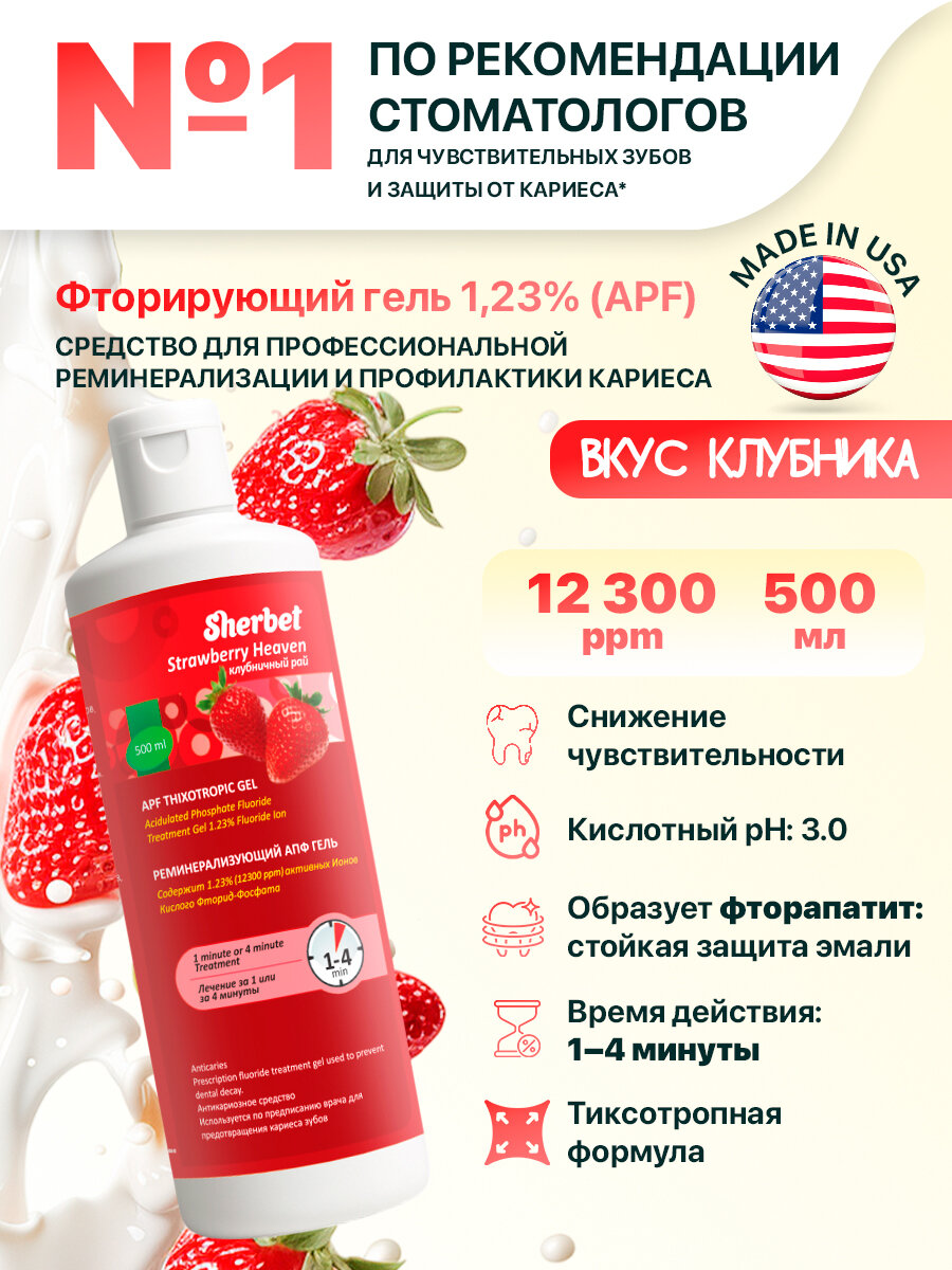Реминерализующий АПФ гель Sherbet вкус клубничный рай 500 мл