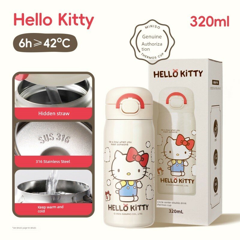 Термокружка MINISO Sanrio круглой формы в форме сердца, двойного назначения, с соломинкой, для девочек, детей и