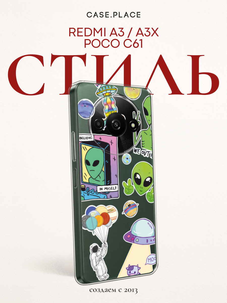 Чехол на Xiaomi Redmi A3/A3x/Poco C61 / Редми А3/Редми А3х/Поко С61 с принтом Инопланетяне, прозрачный