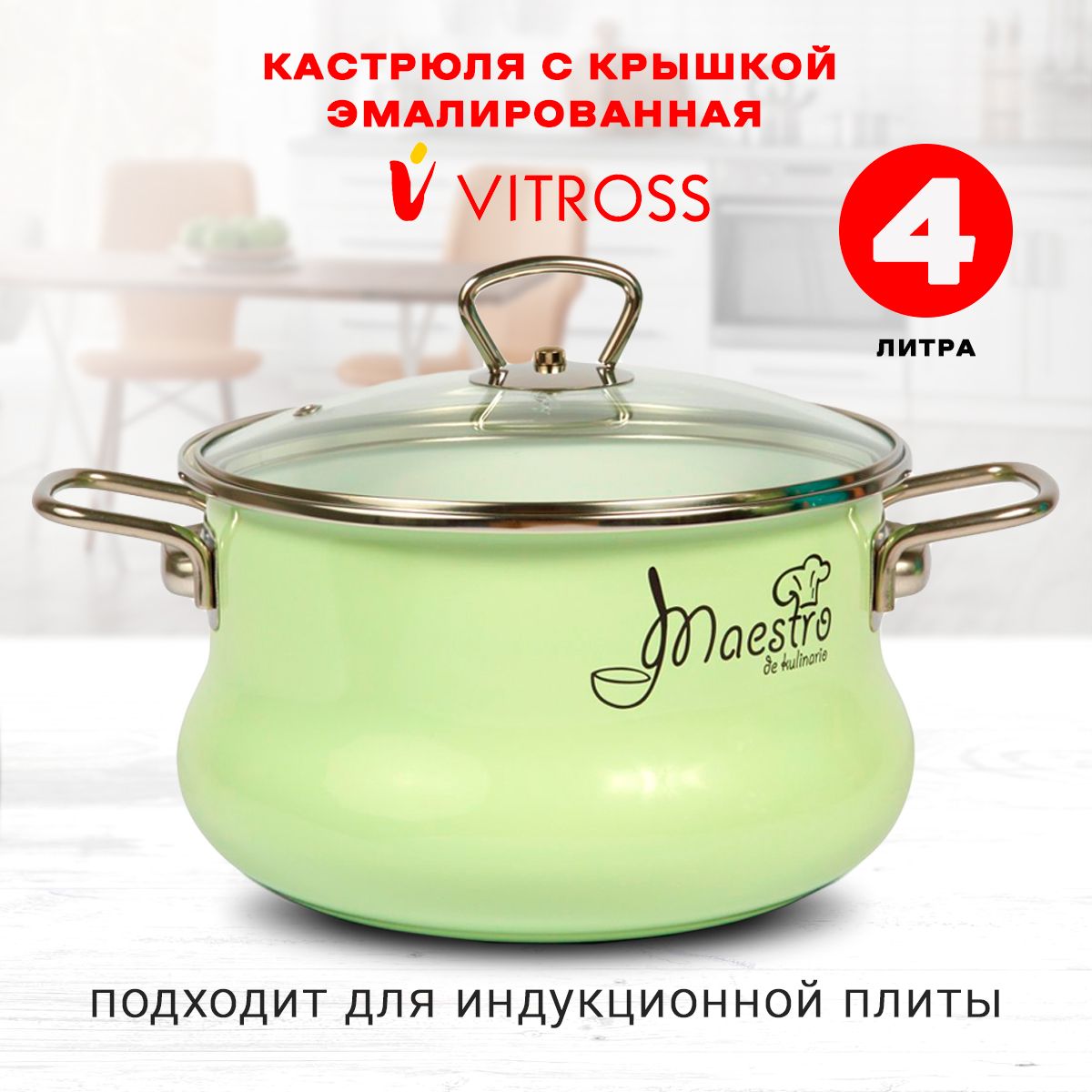 Кастрюля эмалированная Vitross Maestro 4 л, с крышкой, зеленая