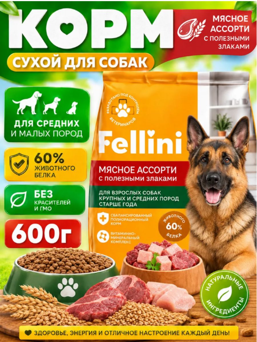 Корм сухой полнорационный Fellini для собак крупных и средних пород Мясное ассорти с полезными злаками, 600гр