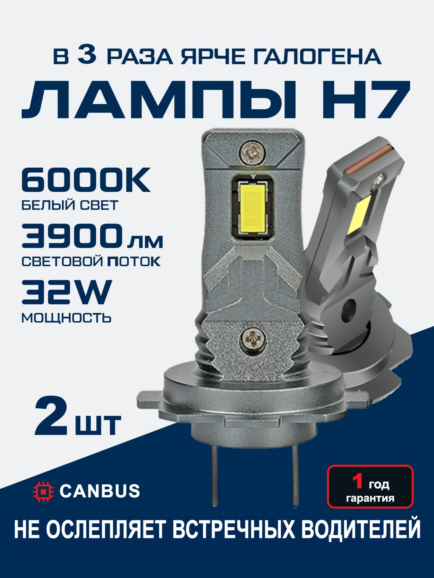 Светодиодные лампы H7 X18 без вентилятора, LED лампочки H7 автомобильные лед ближний свет, 3900 лм, 32W, 6000K, 2 шт
