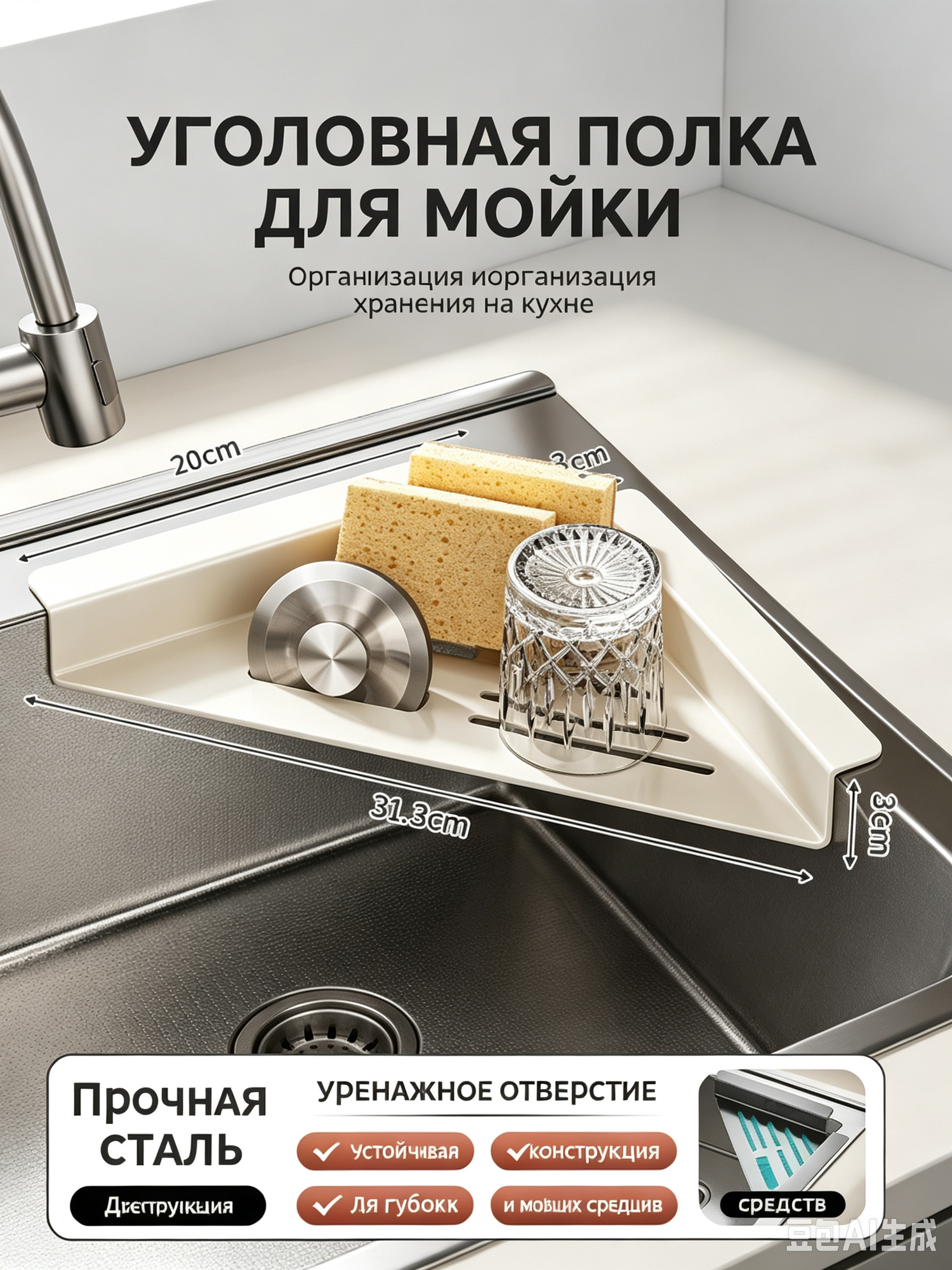 Угловая подставка для кухонной мойки с дренажом, треугольный органайзер для губок и тряпок, полка‑дуршлаг для раковины