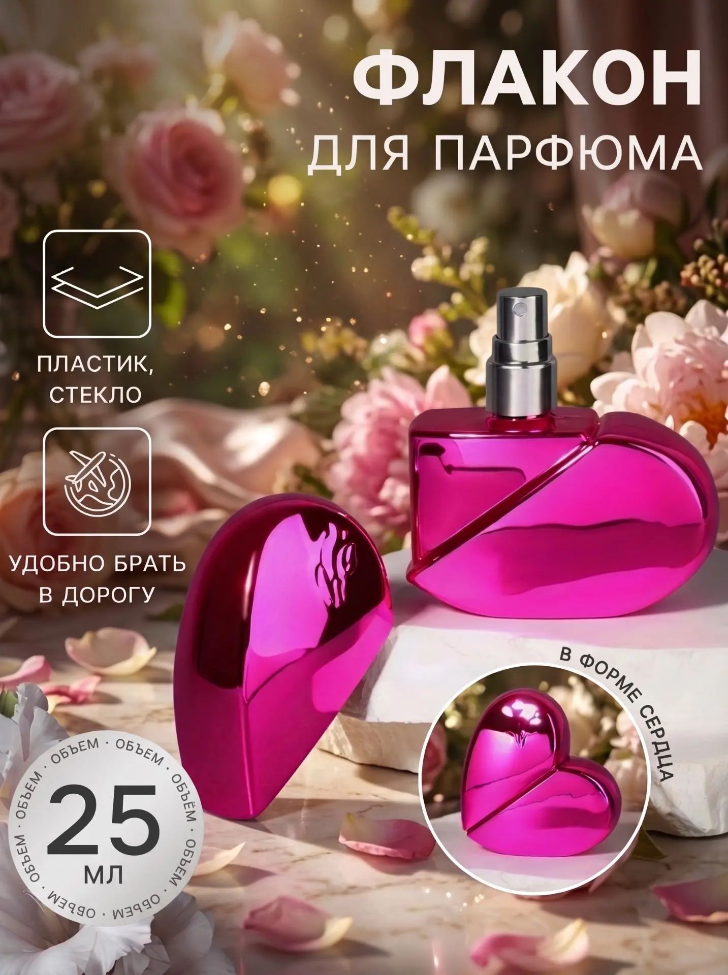 Флакон стеклянный для парфюма духов с распылителем в сумочку 25 мл