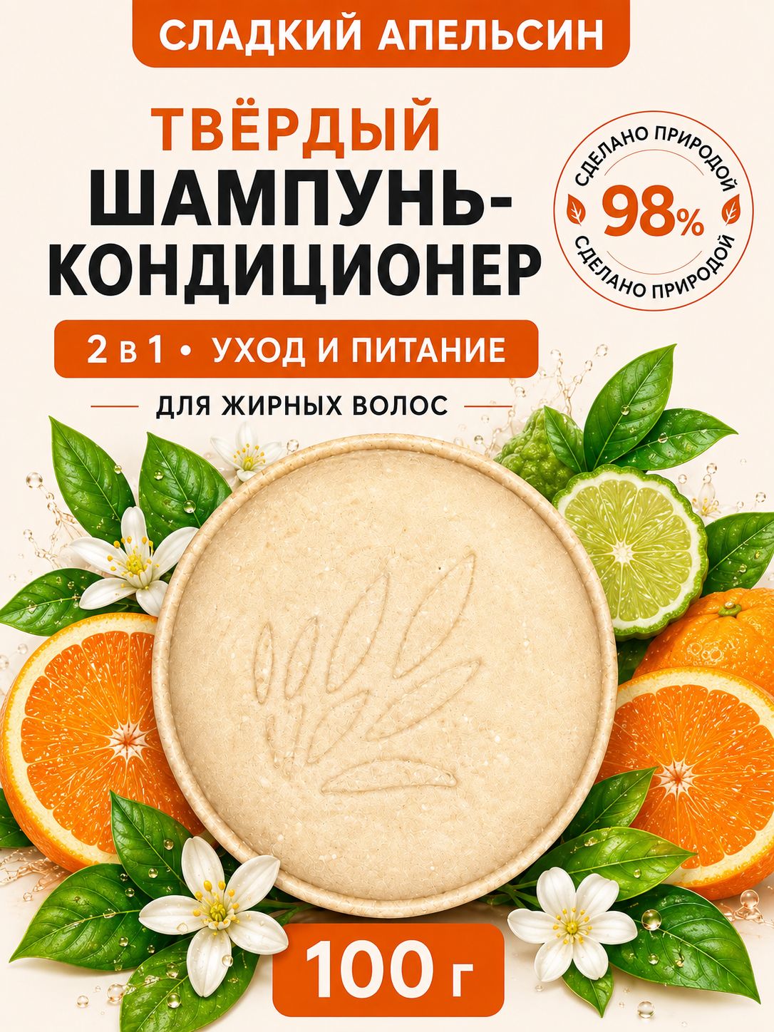 Твердый шампунь-кондиционер Verba Natura Сладкий апельсин для жирных волос и кожи головы, очищающий, 100 г