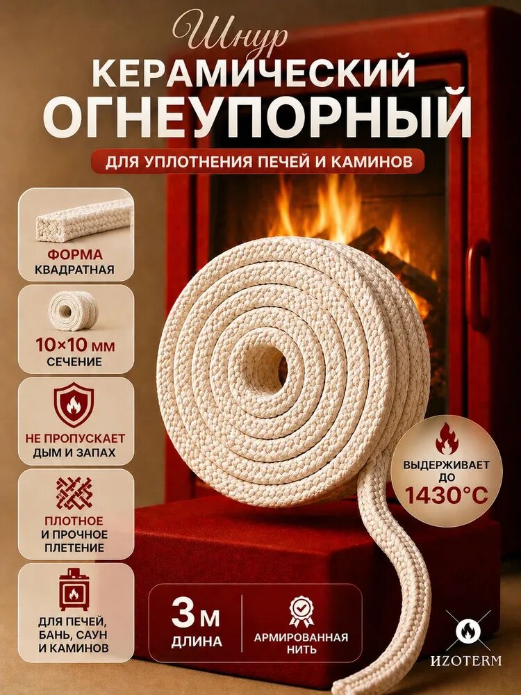 Огнеупорный керамический шнур 10x10 мм для печей и каминов, 3 м