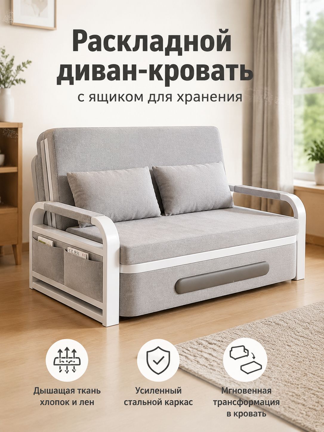 Раскладной диван-кровать с ящиком для хранения, светло-серый, 82 см, металлический каркас