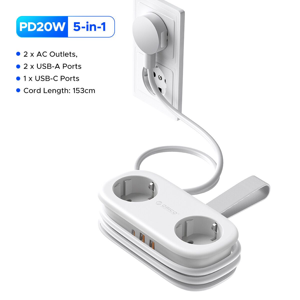 Сетевой фильтр удлинитель евро-розетка с 2 USB-A 1 USB-C, 65 Вт зарядка 2500 Вт, 1,53м
