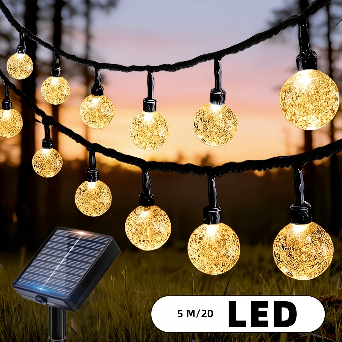 Солнечная светодиодная уличная гирлянда с шариками, 5 м, 20 LED, теплый свет, декоративная для сада, двора и забора