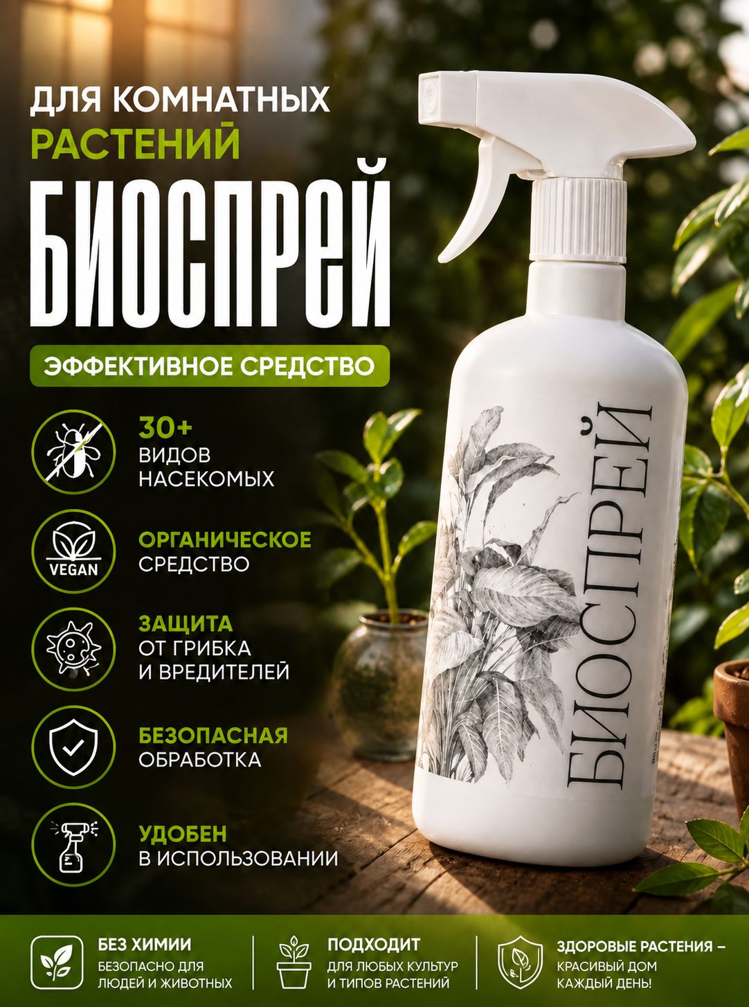 Средство от насекомых для комнатных растений биоспрей 500 мл спрей от насекомых на комнатных растениях, цветах, от тли, паутинного клеща, белокрылки