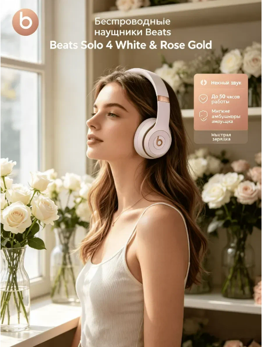 Беспроводные наушники Beats Solo 4 Wireless Cloud Pink, 50 часов работы, Bluetooth 5.3, jack 3.5mm, USB-C, бледно-розовые