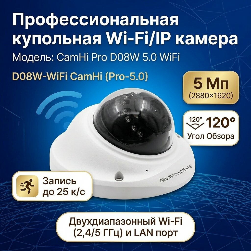 Купольная Wi-Fi/IP 5Mp видеокамера D08W-WiFi CamHi (Pro-5.0)