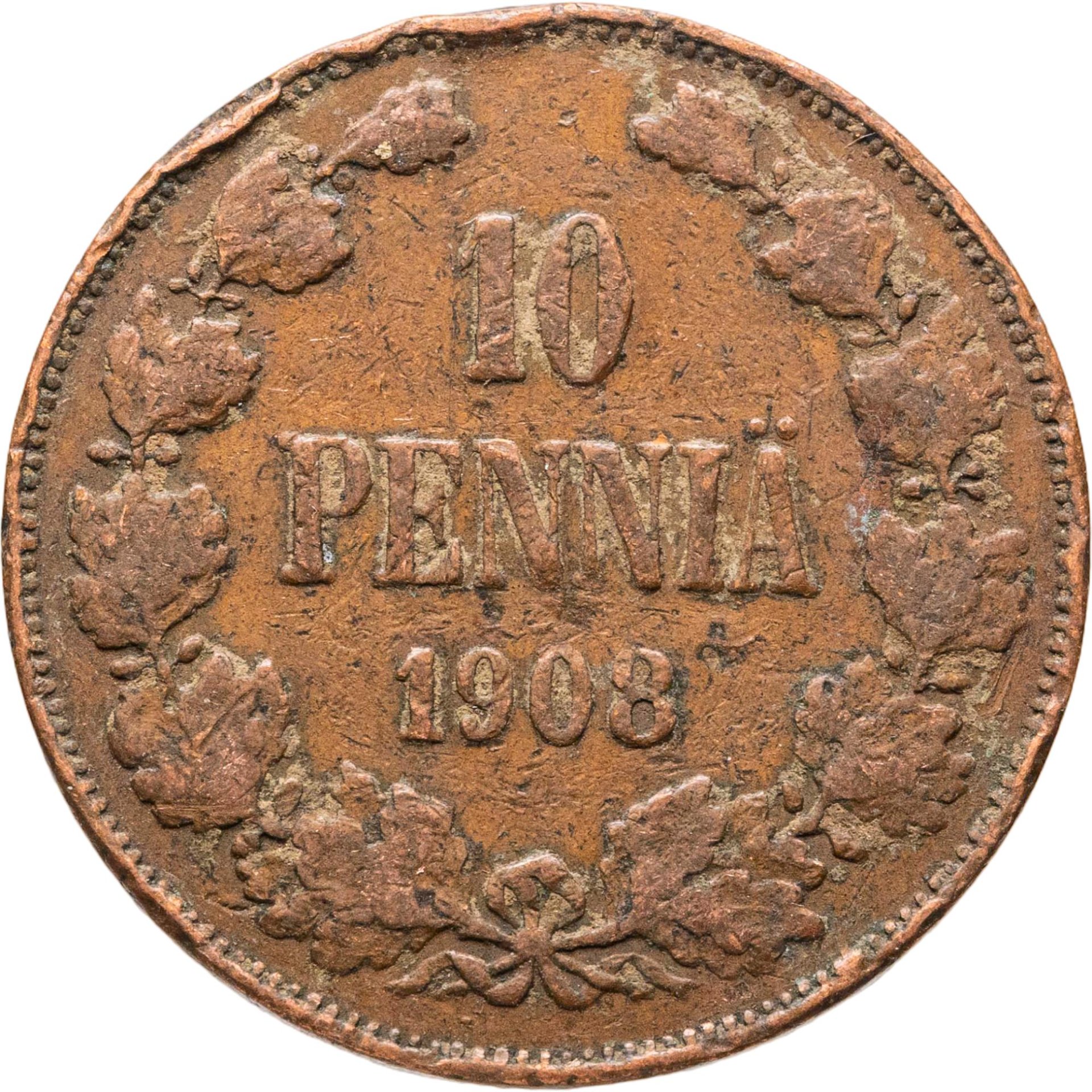 10 пенни 1908, монета для Финляндии, Медь, в сохранности F