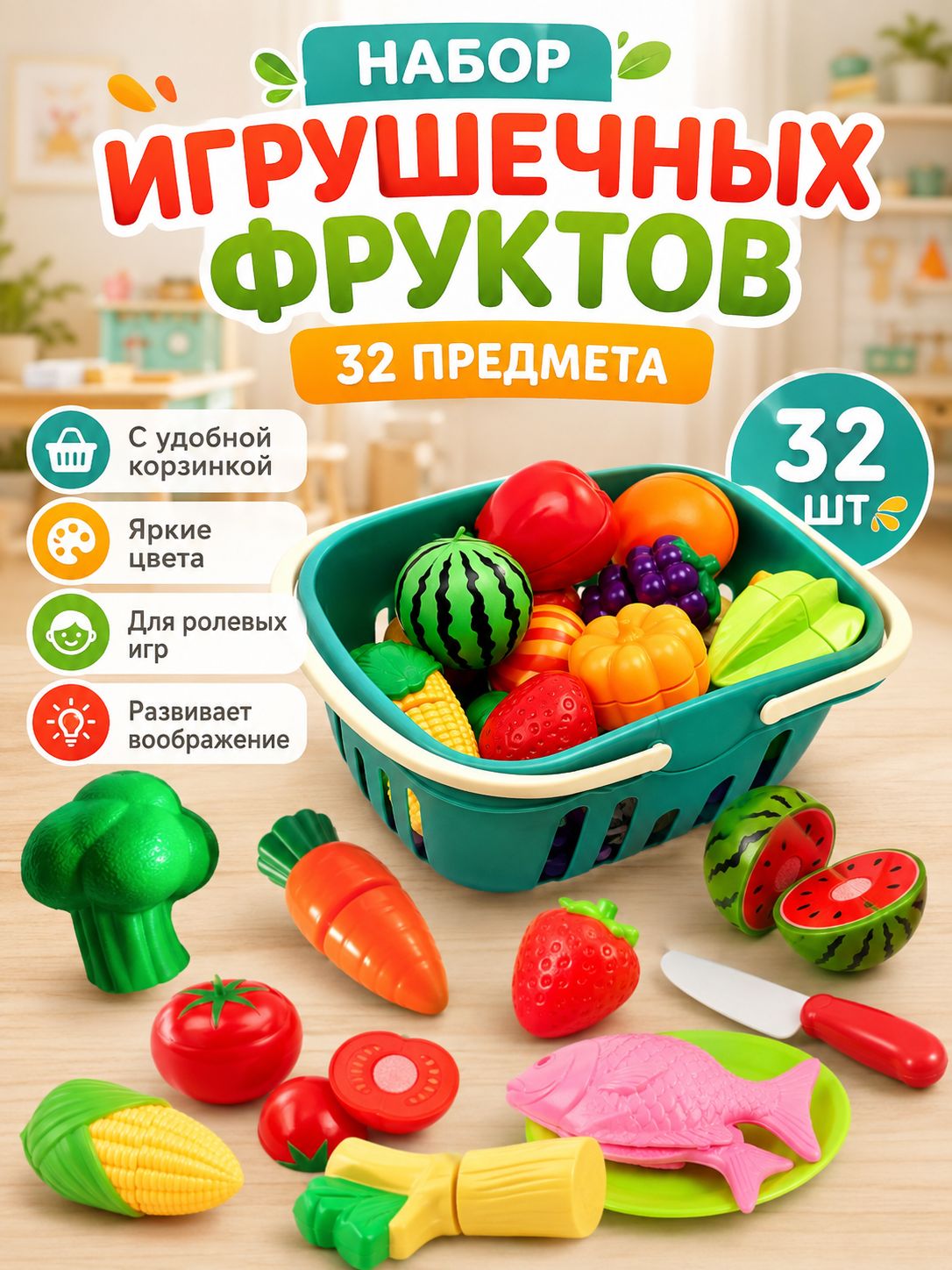 Детский игровой набор фруктов и овощей для нарезки, 32 предмета набор для игры в магазин игрушка для нарезки развивающая игра