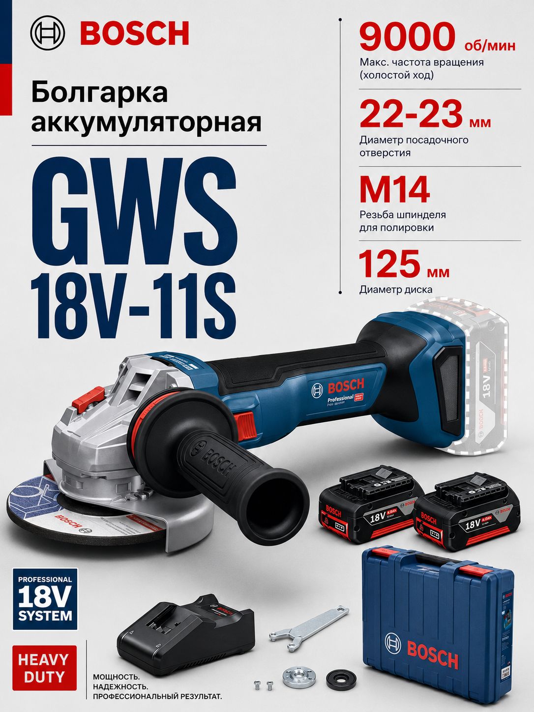 BOSCH Болгарка аккумуляторная, GWS 18V-11S,18.0 В, 125MM, 9 000 об/мин, M14.