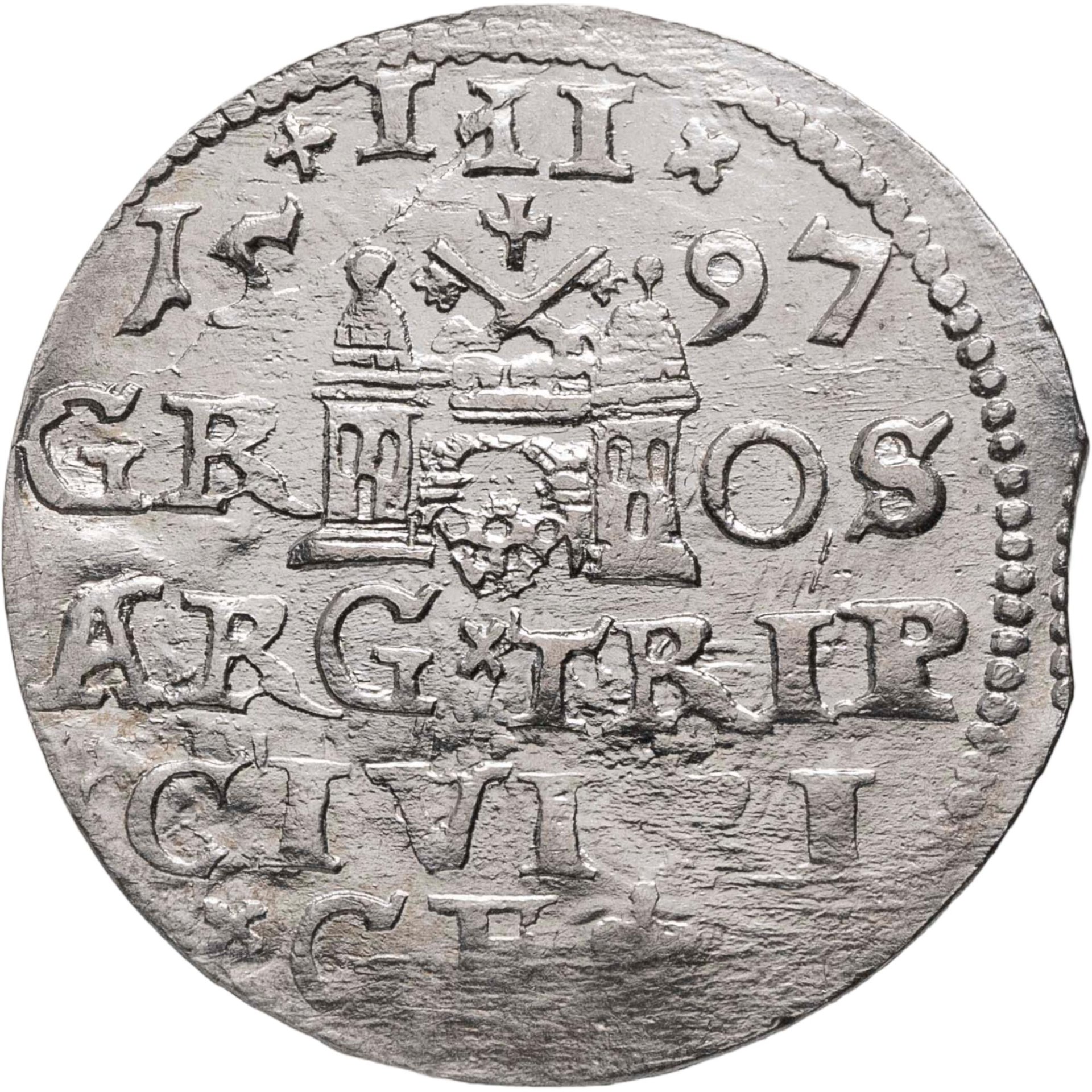 Речь Посполитая, Ливония 3 гроша 1597 Сигизмунд III, Серебро, в сохранности AU