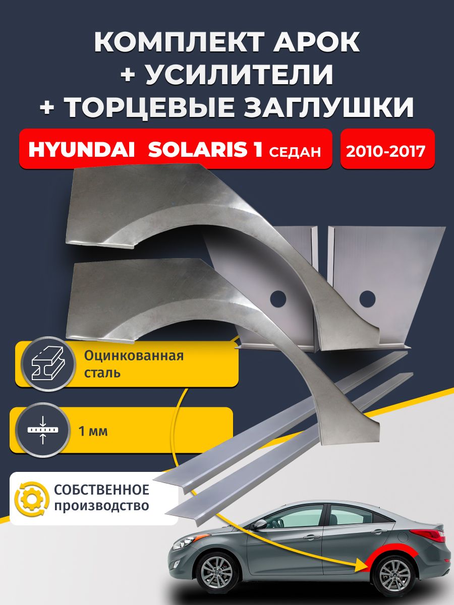 Комплект ремонтных задних арок (0,8 мм) + торцевые заглушки (1мм) + усилители (1 мм) на Hyundai Solaris 1 2010-2017 седан (Хендай Солярис 1). Оцинкованная сталь