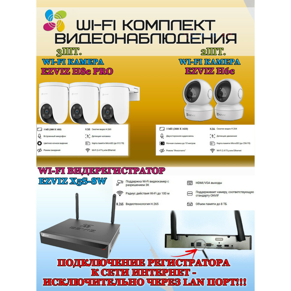 Wi-Fi Комплект видеонаблюдения EZVIZ на 5 камер видеонаблюдения - 5Мп 2880х1620P (CS-X5S-8W + 3хCS-H8c + 2хCS-H6c) 2.4 ГГц IP65, Двусторонняя аудиосвязь, ИК до 30м, угол 108гр Поворот до 350 гр