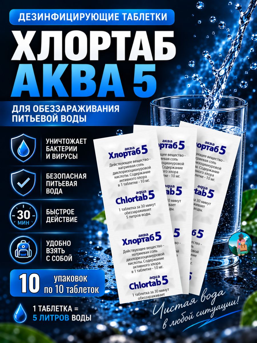 Хлортаб 5 таблетки 100шт для дезинфекции воды (1 табл. на 5 л. воды)