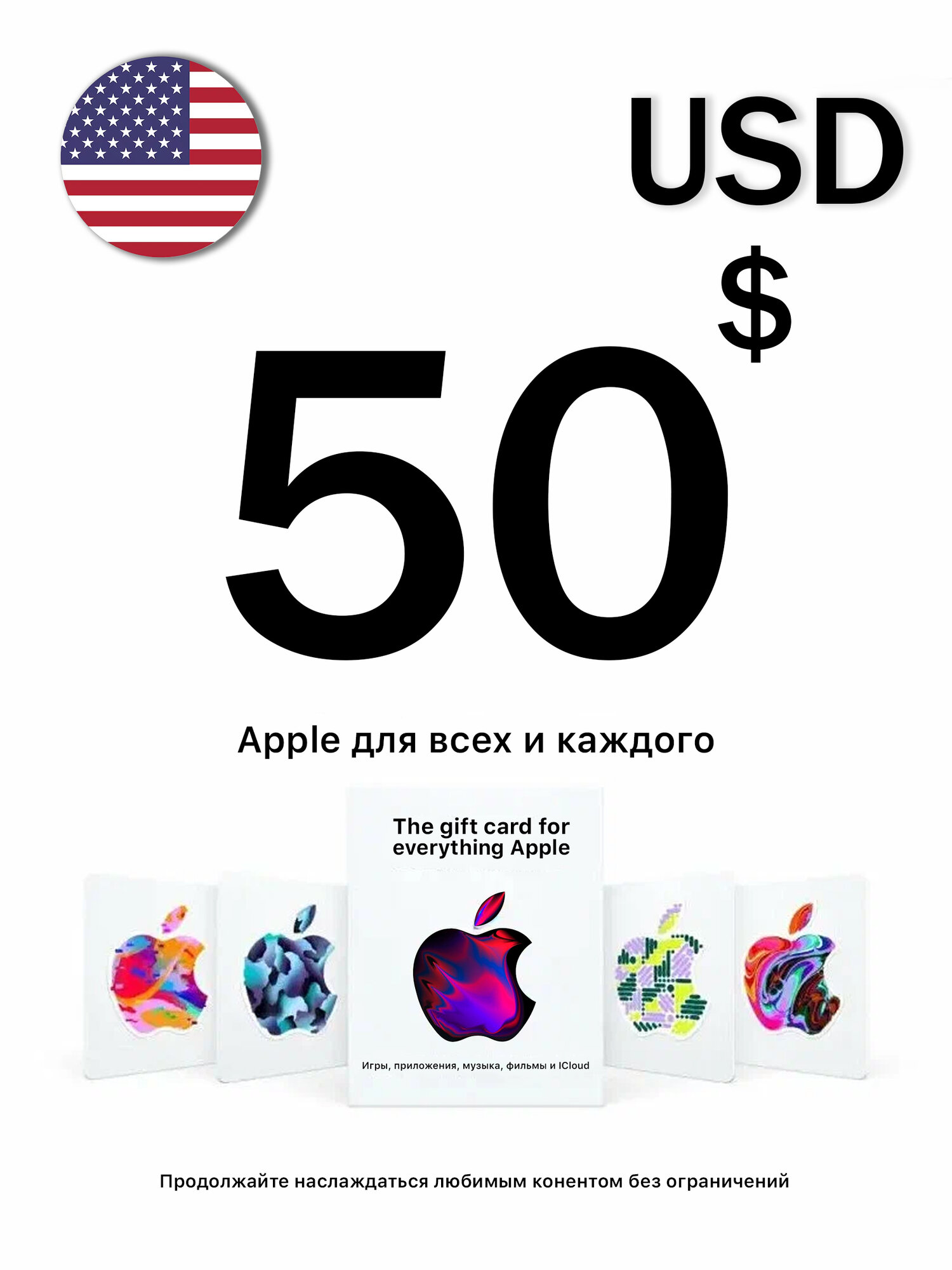 Подарочная карта Apple / Карта оплаты Apple (Пополнение счёта App Store и iTunes) на 50 долларов