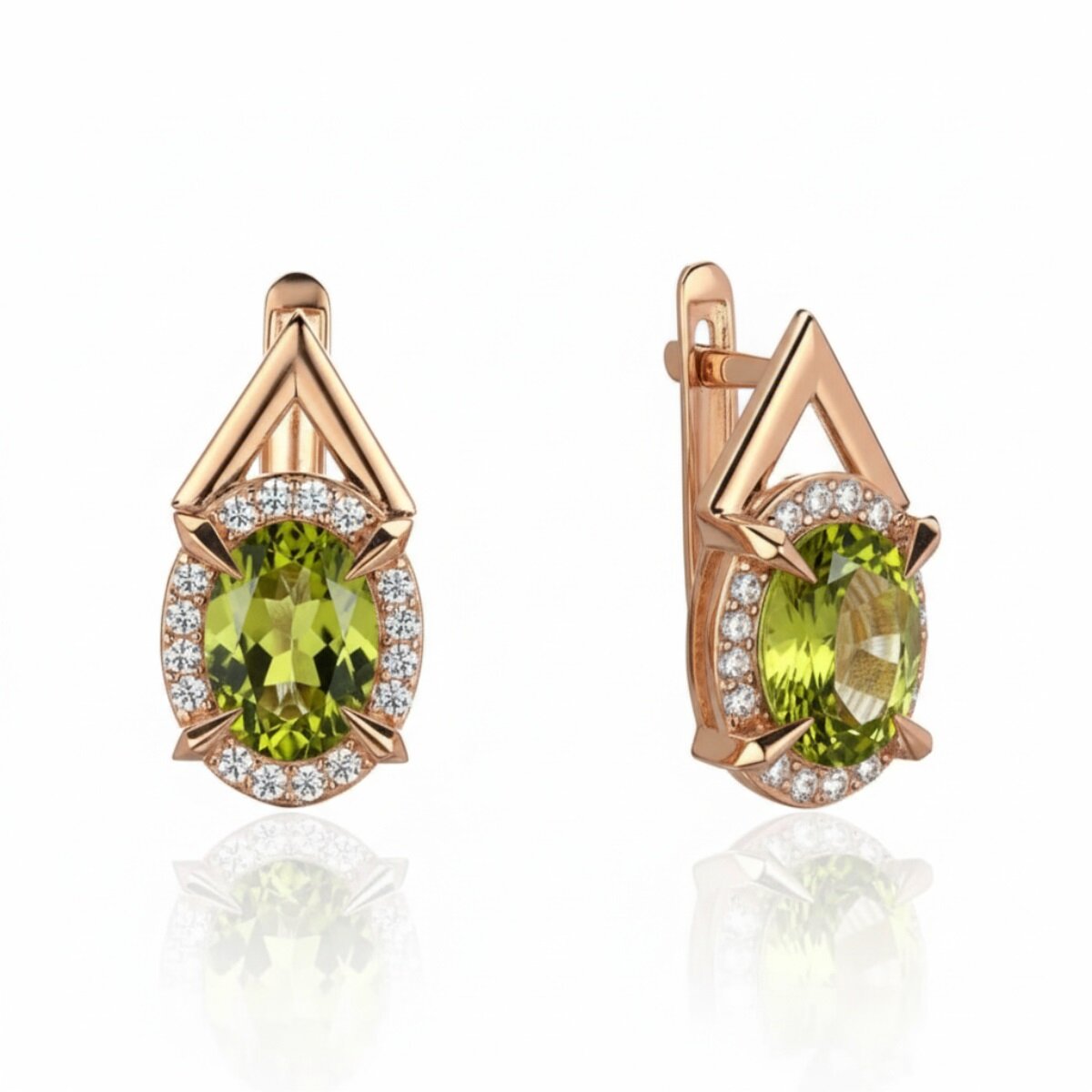 Серьги, красное золото, 585 проба, хризолит, фианит