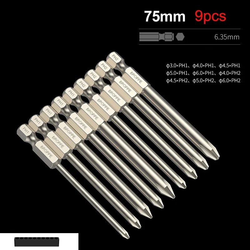 Набор бит Weiyi S2 Phillips 6.35 мм 75mm (9шт)
