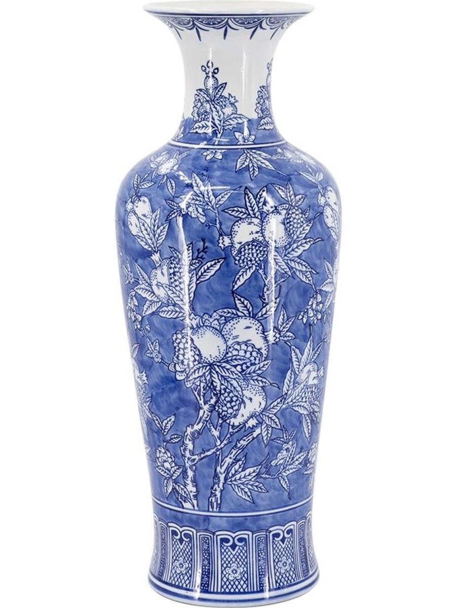 Ваза Glasar "Гранатовое дерево" C0008, фарфор, напольная, синий/белый, 23x23x62 см