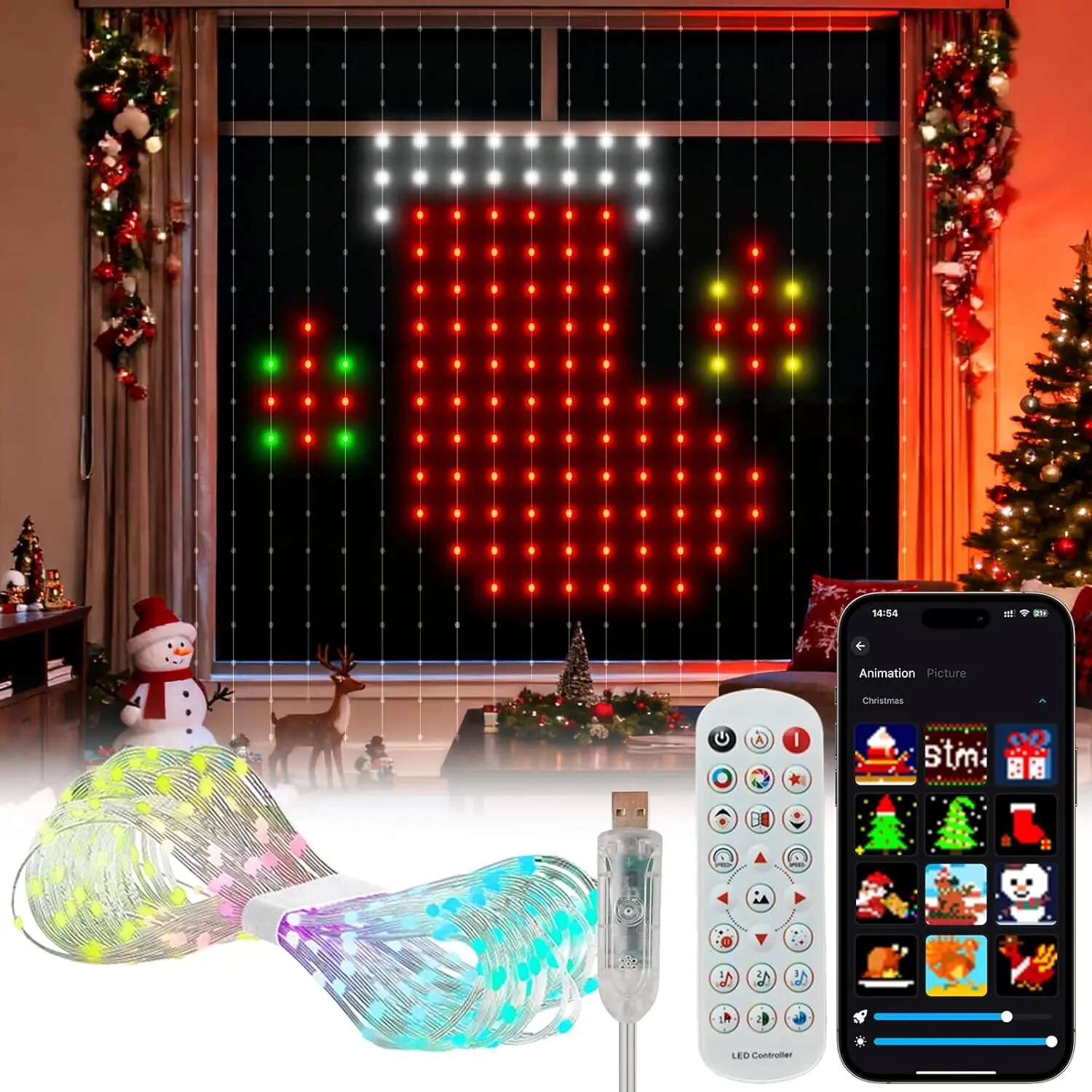 Умная гирлянда-штора Bluetooth, 2x2м, 400 LED, 16 млн цветов