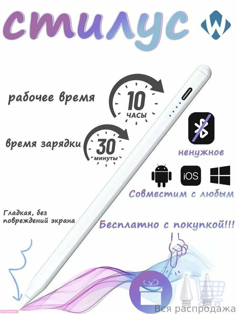Стилус с индикатором заряда с магнитным присасыванием и зарядкой Type-C. Для Andorid, IOS с функцией бокового присасывания