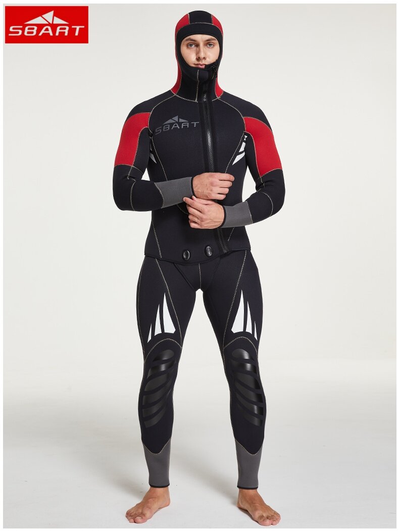 Мужской гидрокостюм 5 мм, двухсекционный, с капюшоном, теплый зимний рыболовный костюм чёрный и красный