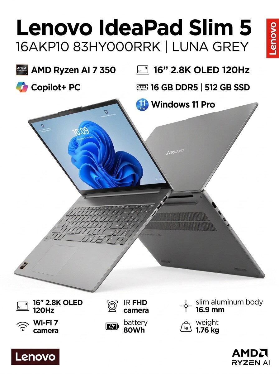 Ноутбук Lenovo IdeaPad Slim 5 16AKP10 83HY000RRK Luna Grey, 16" 2.8K OLED 120Hz, AMD Ryzen AI 7 350, AMD Radeon 860M, 16GB DDR5-5600, SSD 512GB G4, WINDOWS 11 PRO, клавиатура RU/US, гарантия 1 год