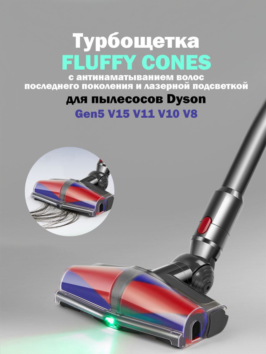 Щетка FluffyCones с лазерной подсветкой для пылесосов Dyson V11 V15 Gen5 V10 V8. Насадка с 2-мя коническими щётками для уборки твердых покрытий : ламинат, паркет, плитка, керамогранит.