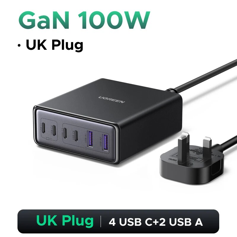 UGREEN 100W GaN Зарядное устройство с UK штекером 6 в 1