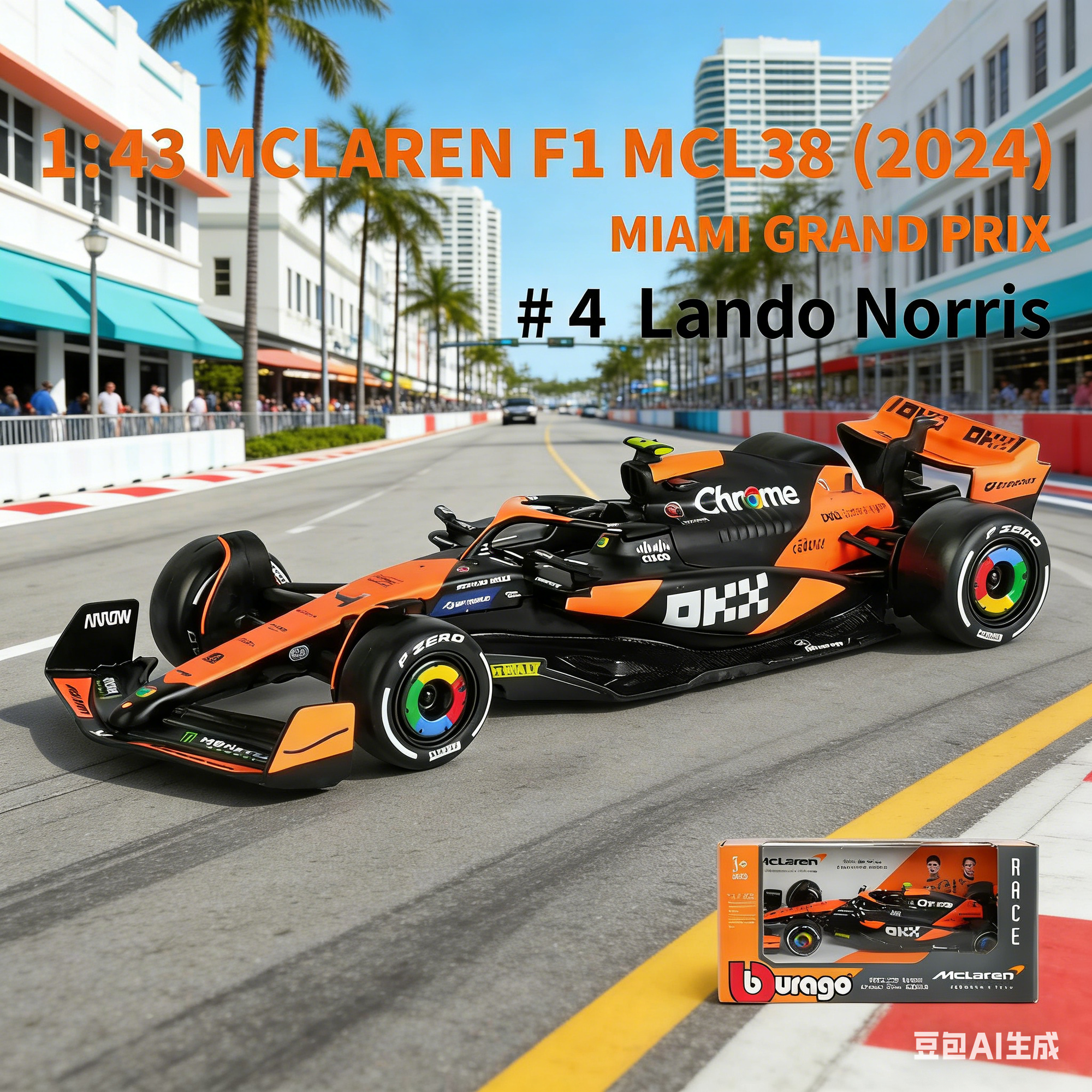 Коллекционная модель F1 McLaren MCL38 Майами 2024 Bburago 1:43, литой металл
