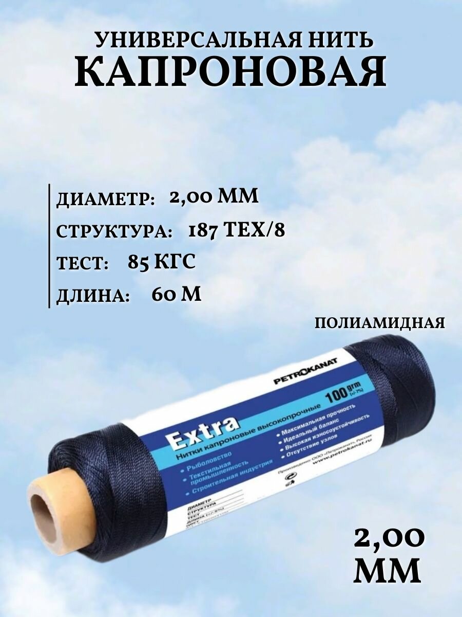 Нить капроновая крученая, черная 2 мм