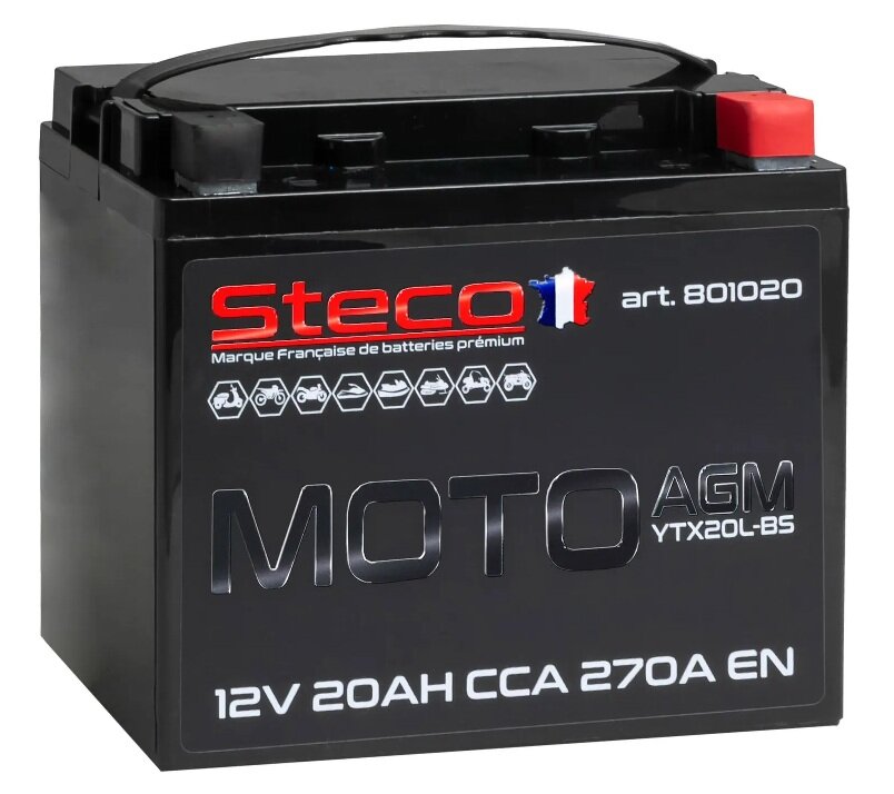 Аккумулятор для мотоцикла и скутера Steco AGM 12V 20 А/ч 270 А обр. пол. залит/заряжен 801020 (177х88х154) YTX20L-BS YTX20L-4