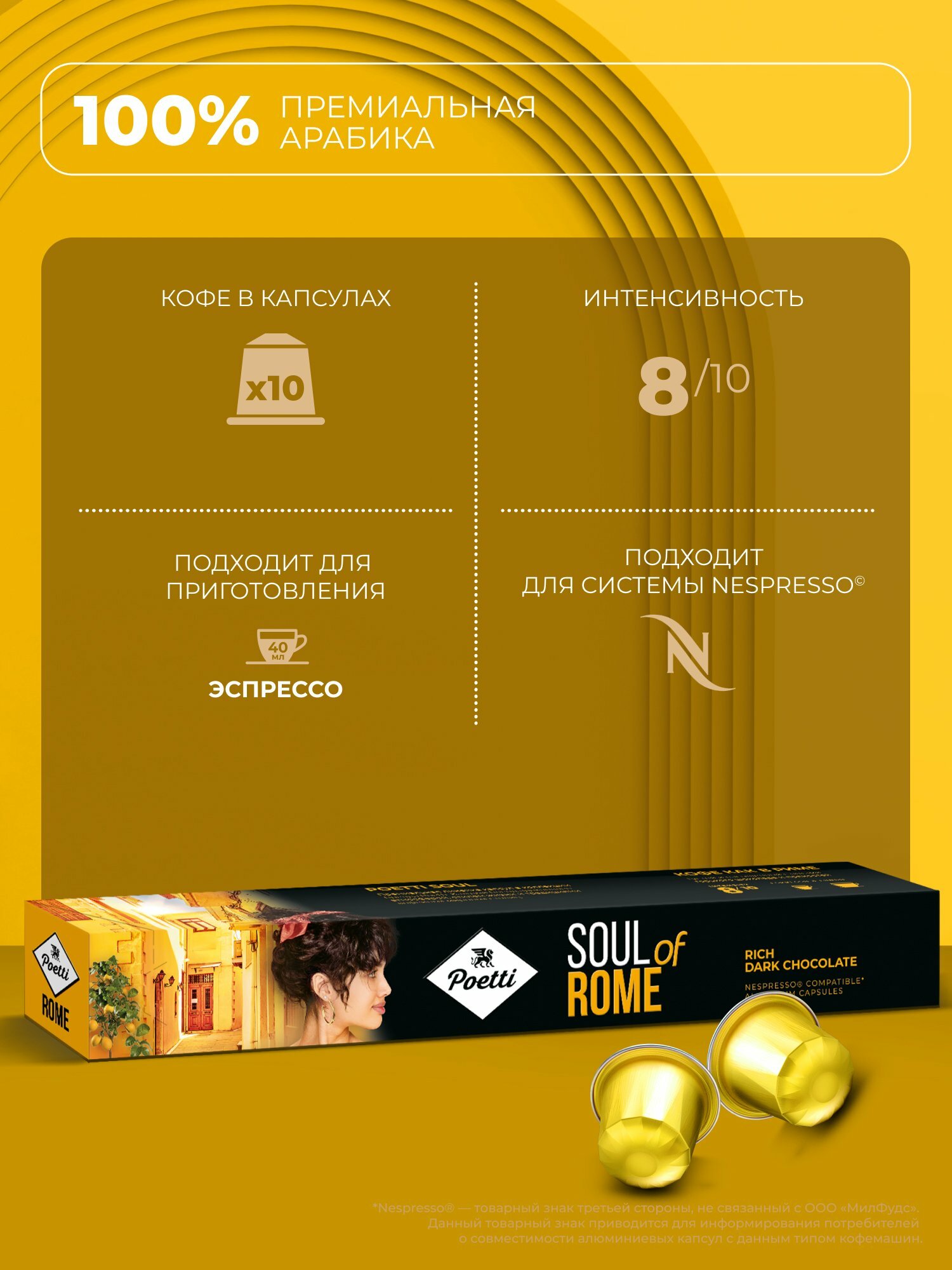 Кофе в капcулах Poetti Soul of Rome, интенсивность 8, 10 капсул