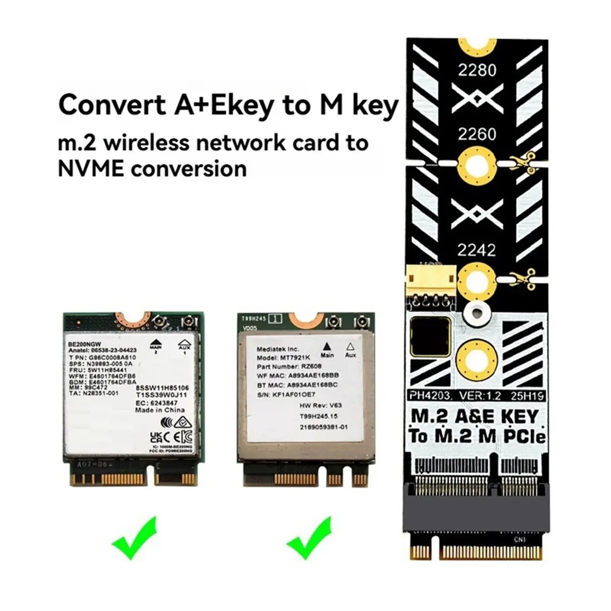 Переходник M2 A+E Key to M2 NVME, интерфейс M.2 Wi-Fi, карта расширения A/E на ключ M для 2230 2242 2260 2280 NVME SSD