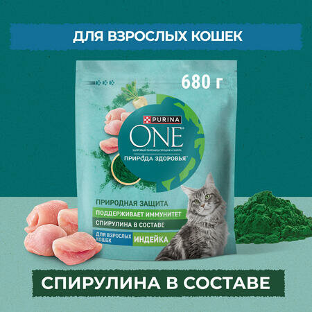Purina ONE Природа Здоровья 2 шт по 680 г сухой корм для взрослых кошек, со спирулиной, с высоким содержанием индейки