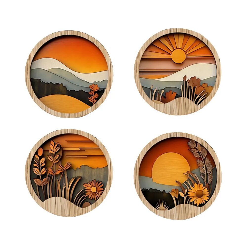 Набор из 4 деревянных панно в стиле бохо для кухни и кабинета, с дизайном солнца и луны, абстрактные геометрические узоры, настенный декор для квартиры, 20х20 см