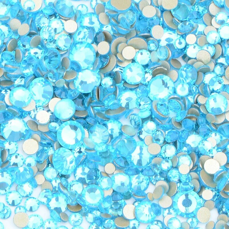 Голубые стеклянные стразы Aquamarine, смешанные размеры, 1400 шт.