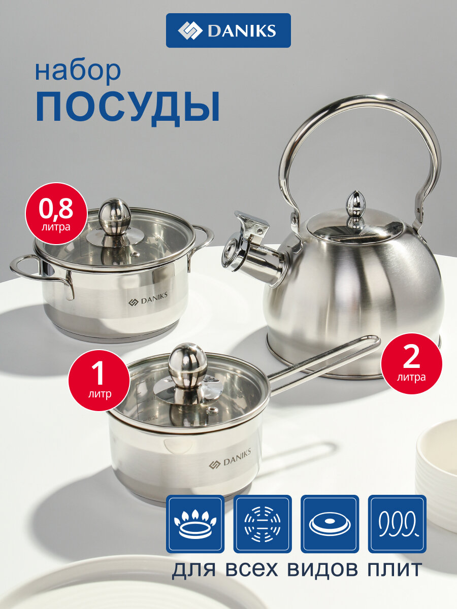 Набор посуды нержавеющая сталь, 5 предметов, кастрюля 1 л, ковш 0.8 л, чайник 2 л, индукция, Daniks Мини