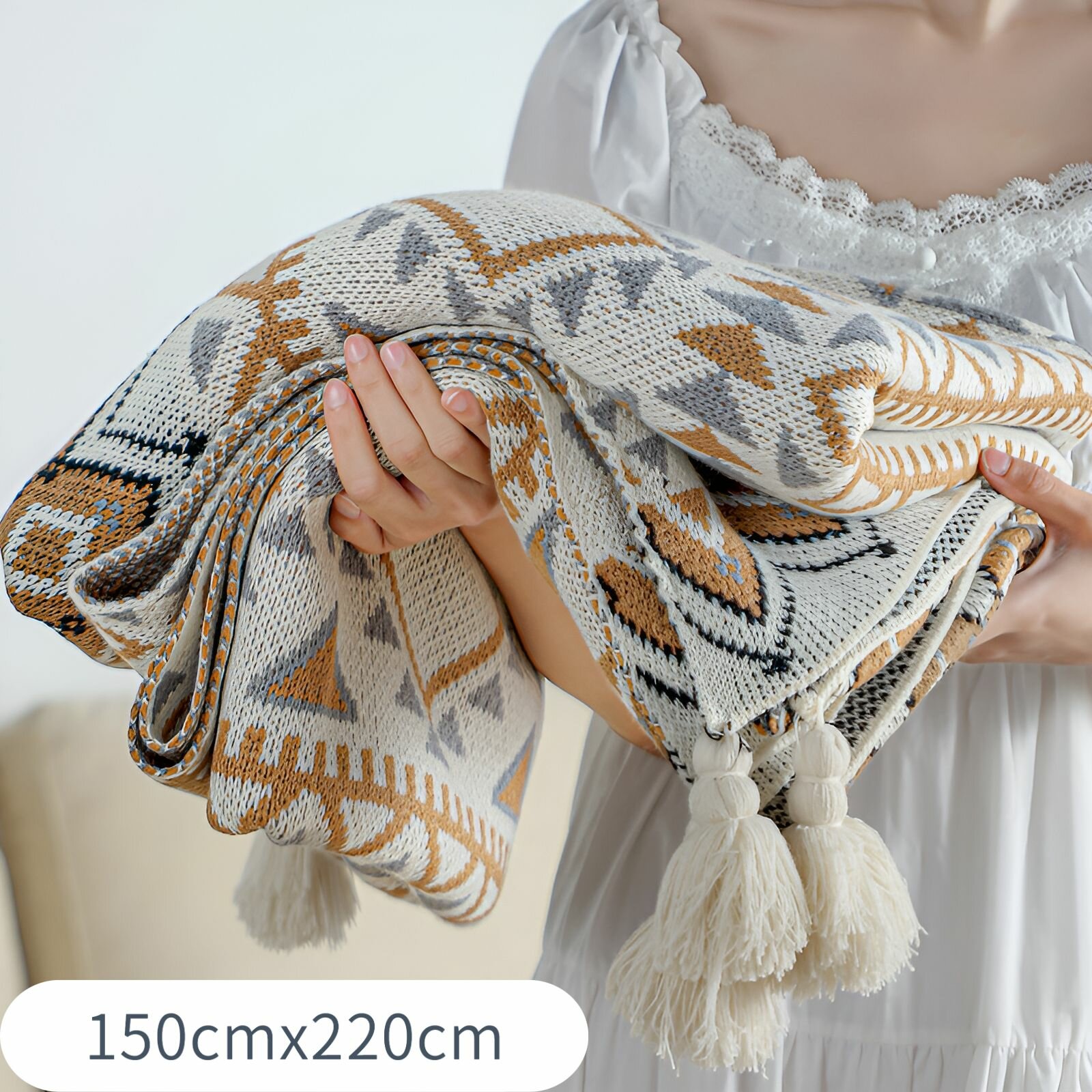 Плед 220x150 см софт вязаный, жаккардовый геометрический разноцветный