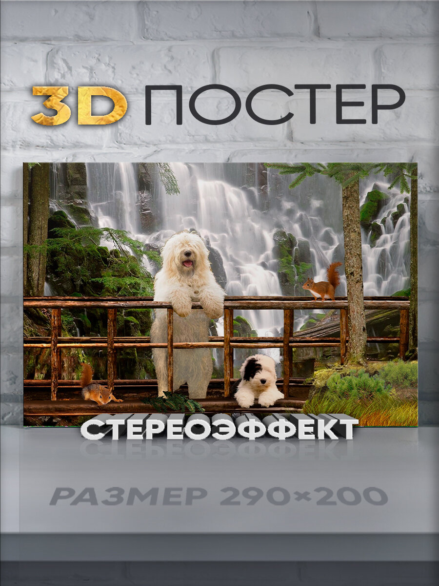 Стереопостер "Собаки у водопада"