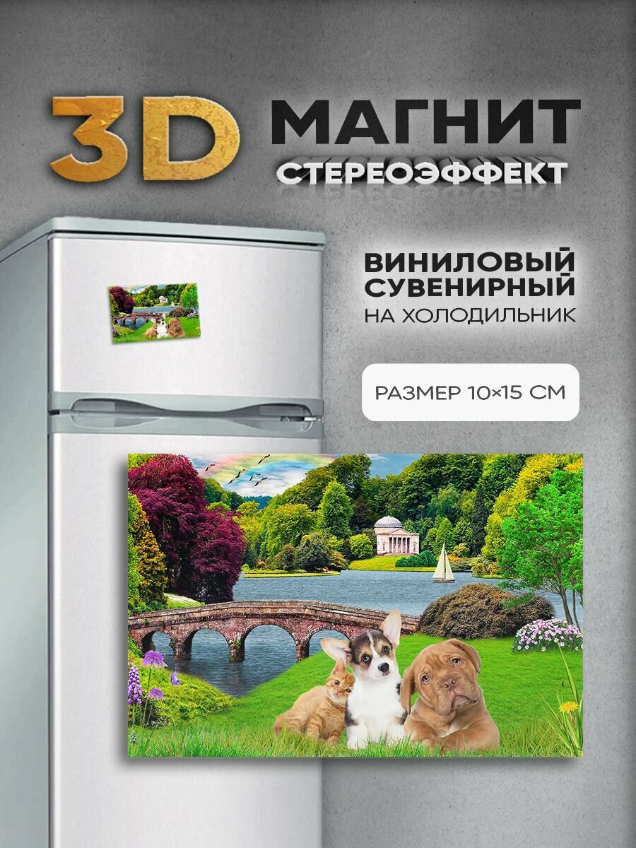 Стерео магнит с 3D-эффектом "Щенки и котенок в парке"