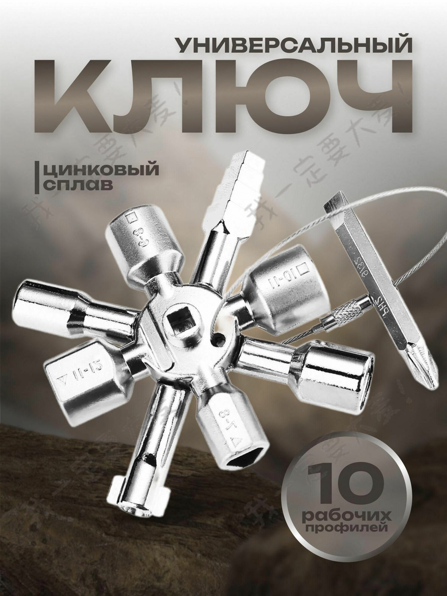 Ключ для электрошкафов 10в1 универсальный с 10 рабочими профилями и битой-.