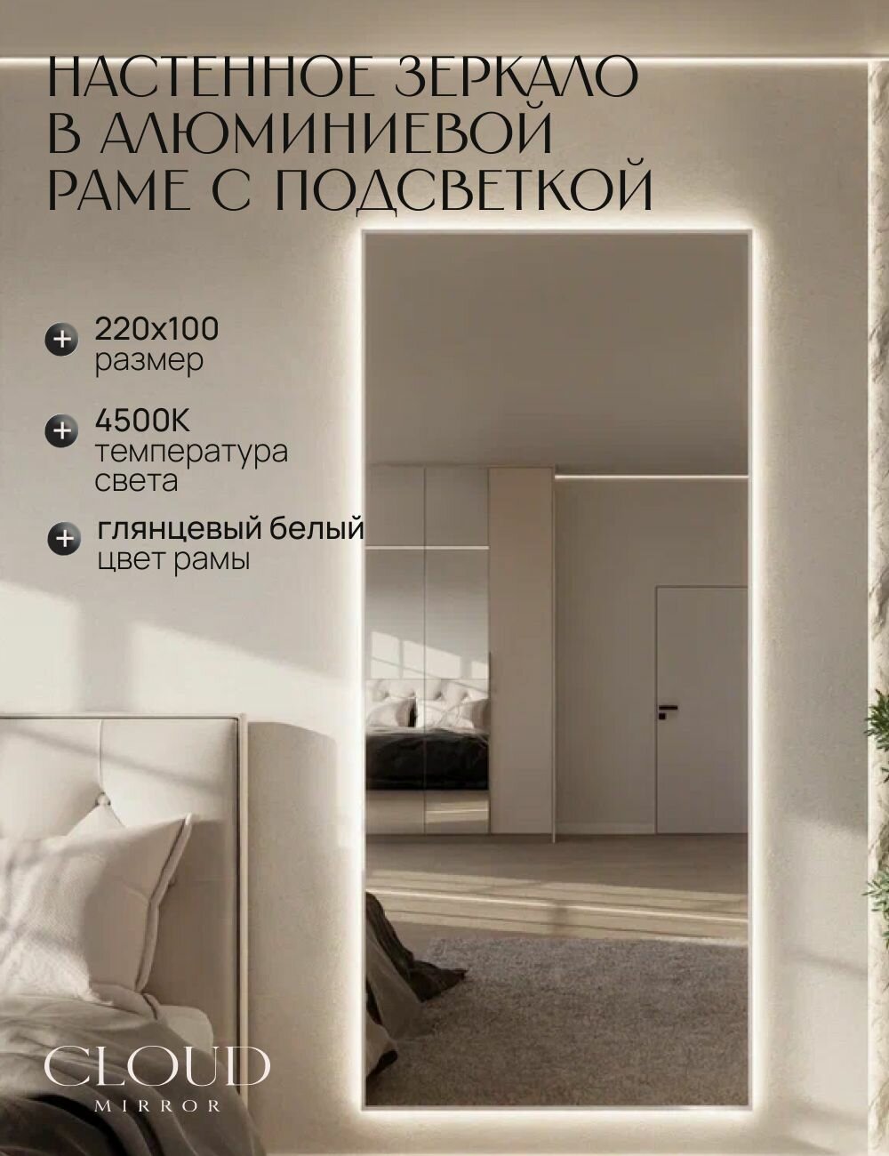 Зеркало 220х100 см. белое с подсветкой. Свет: Нейтральный белый 4500К. В алюминиевой раме интерьерное настенное настенное CLOUD MIRROR