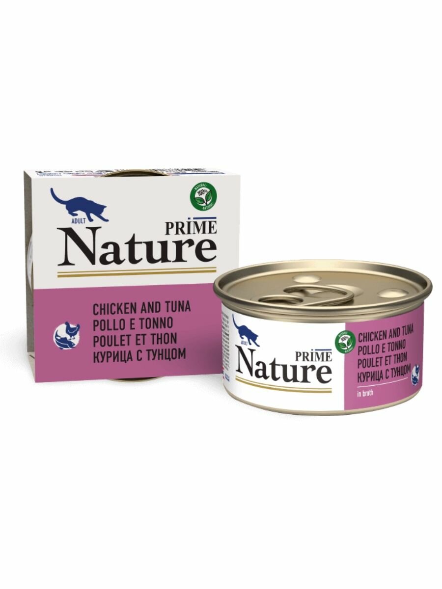 PRIME NATURE Влажный корм для взрослых кошек, c курицей и тунцом - 12 шт* 85 гр