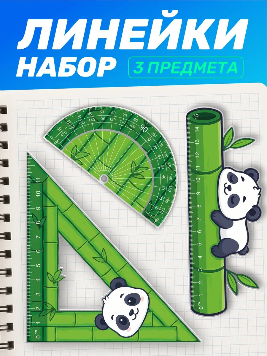 Набор линеек для школьника с транспортиром Панда и бамбук